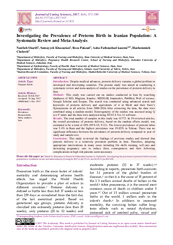 (PDF) Investigating the prevalence of preterm delivery in Iranian population: A systematic ...