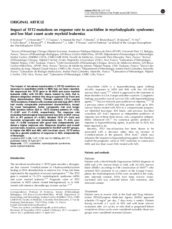 (PDF) Impact of TET2 mutations on response rate to azacitidine in ...