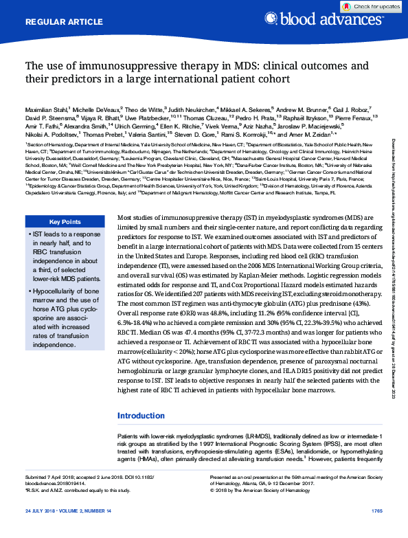 (PDF) The use of immunosuppressive therapy in MDS: clinical outcomes ...