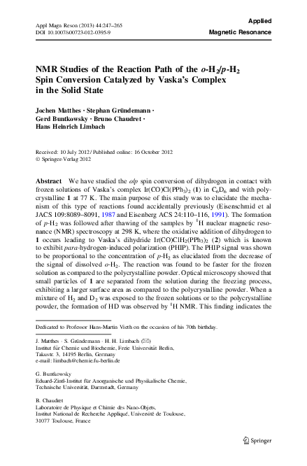 (PDF) NMR Studies of the Reaction Path of the o-H2/p-H2 Spin Conversion ...