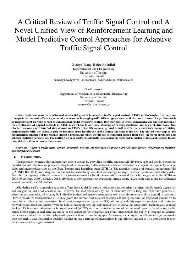 Pdf A Critical Review Of Traffic Signal Control And A Novel Unified View Of Reinforcement