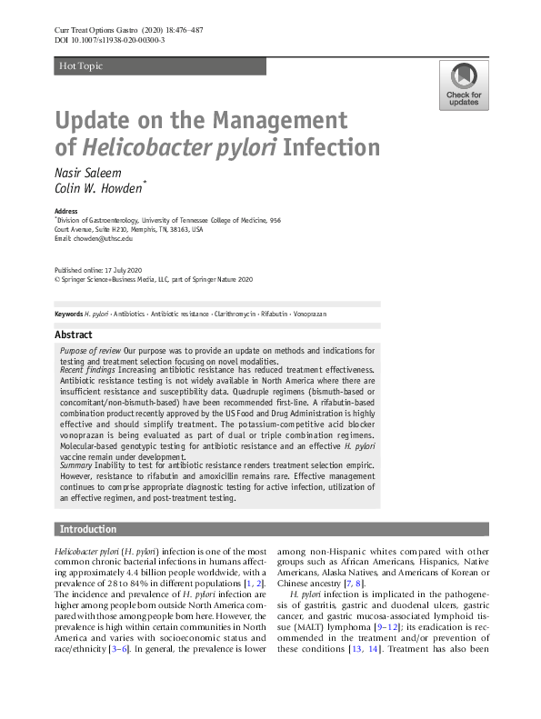 (PDF) Update on the Management of Helicobacter pylori Infection