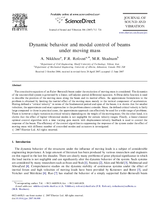 (PDF) Dynamic behavior and modal control of beams under moving mass