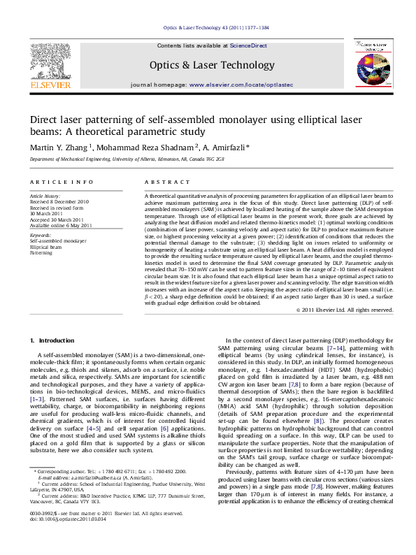 (PDF) Direct laser patterning of self-assembled monolayer using elliptical laser beams: A ...