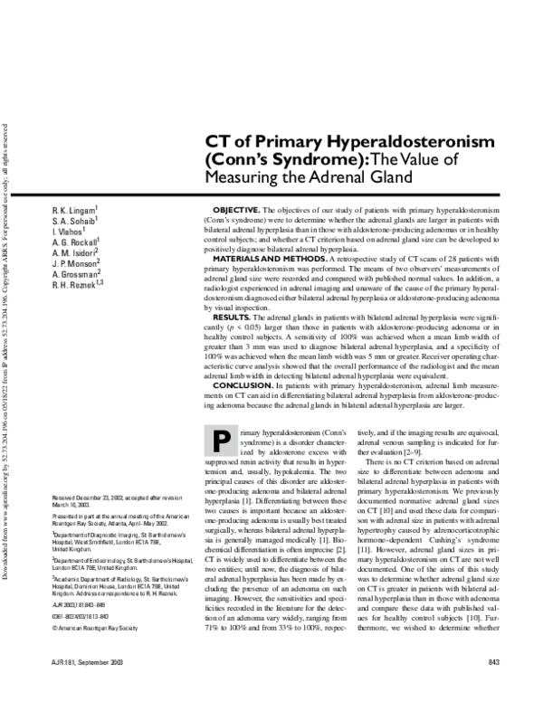 (PDF) CT of Primary Hyperaldosteronism (Conn's Syndrome):The Value of ...
