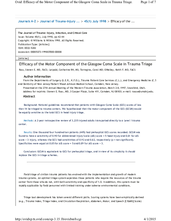 (PDF) Efficacy of the Motor Component of the Glasgow Coma Scale in ...