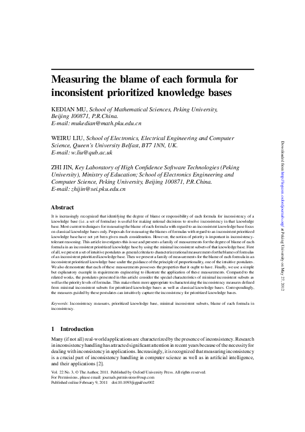 (PDF) Measuring the blame of each formula for inconsistent prioritized knowledge bases