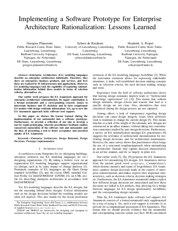 (PDF) Implementing a Software Prototype for Enterprise Architecture Rationalization: Lessons ...