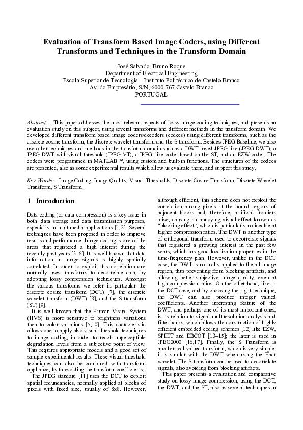 (PDF) Evaluation of Transform Based Image Coders, using Different Transforms and Techniques in ...