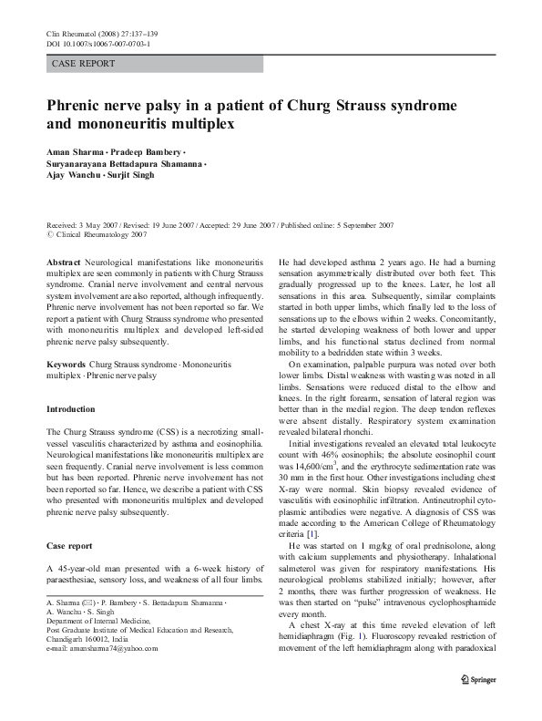 (PDF) Phrenic nerve palsy in a patient of Churg Strauss syndrome and ...