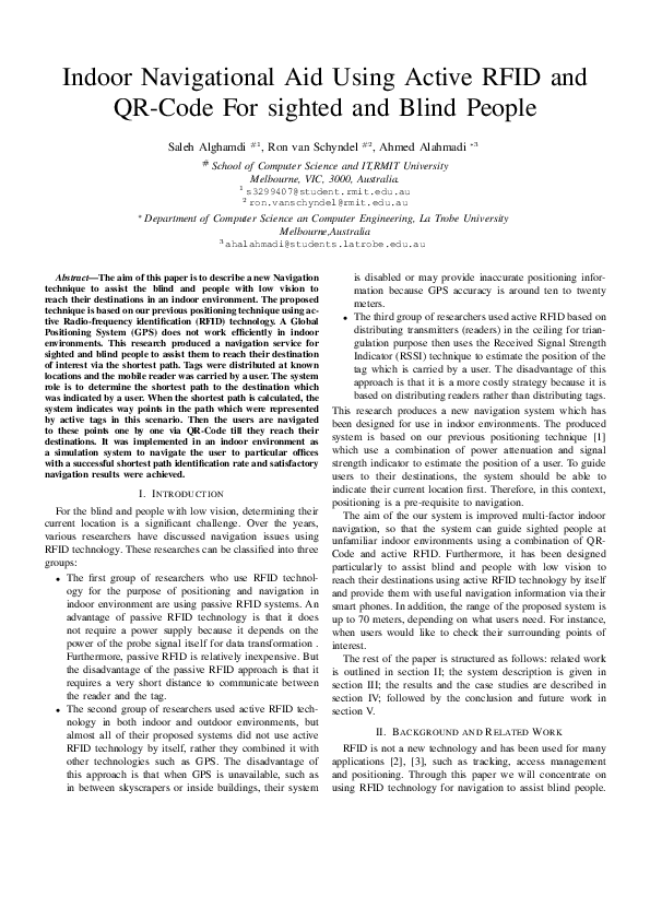 (PDF) Indoor navigational aid using active RFID and QR-code for sighted ...