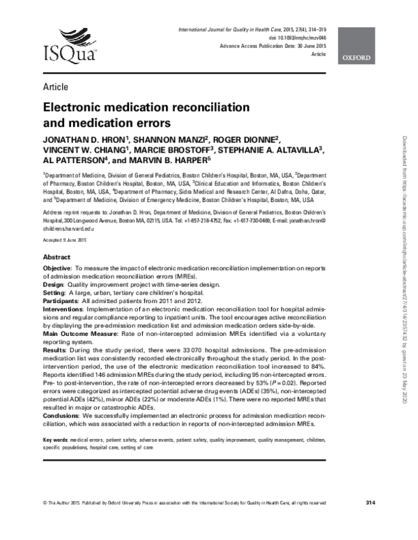 (PDF) Electronic medication reconciliation and medication errors
