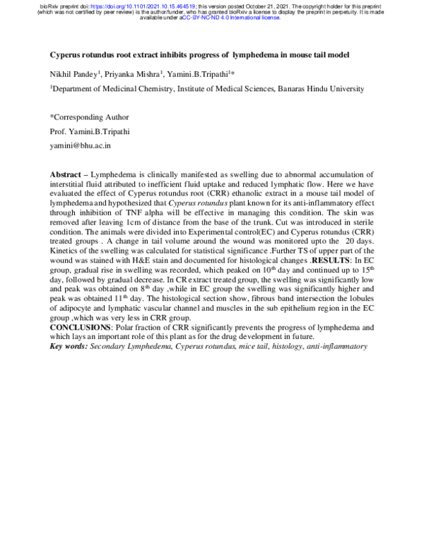 (PDF) Cyperus rotundus root extract inhibits progress of lymphedema in ...