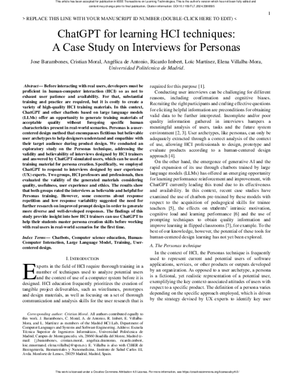 (PDF) ChatGPT for learning HCI techniques: A Case Study on Interviews for Personas