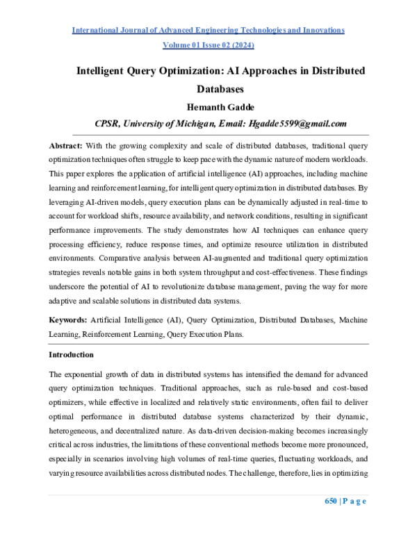 (PDF) Intelligent Query Optimization: AI Approaches in Distributed Databases