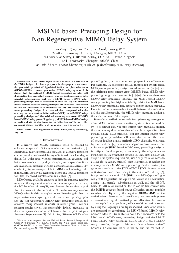 (PDF) MSINR based precoding design for non-regenerative MIMO relay system