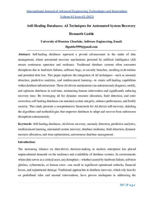 (PDF) Self-Healing Databases: AI Techniques for Automated System Recovery