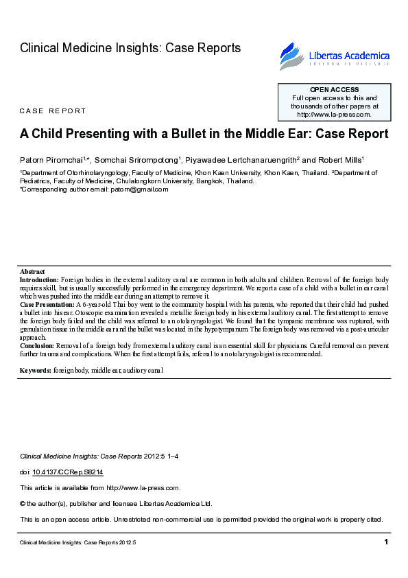 (PDF) A Child Presenting with a Bullet in the Middle Ear: Case Report