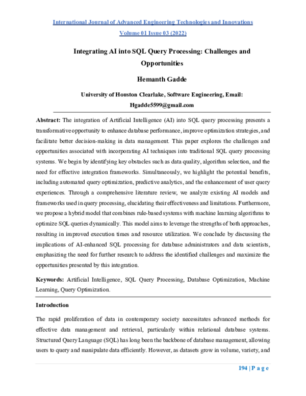 (PDF) Integrating AI into SQL Query Processing: Challenges and ... (PDF) Integrating AI into SQL Query Processing: Challenges and ...
