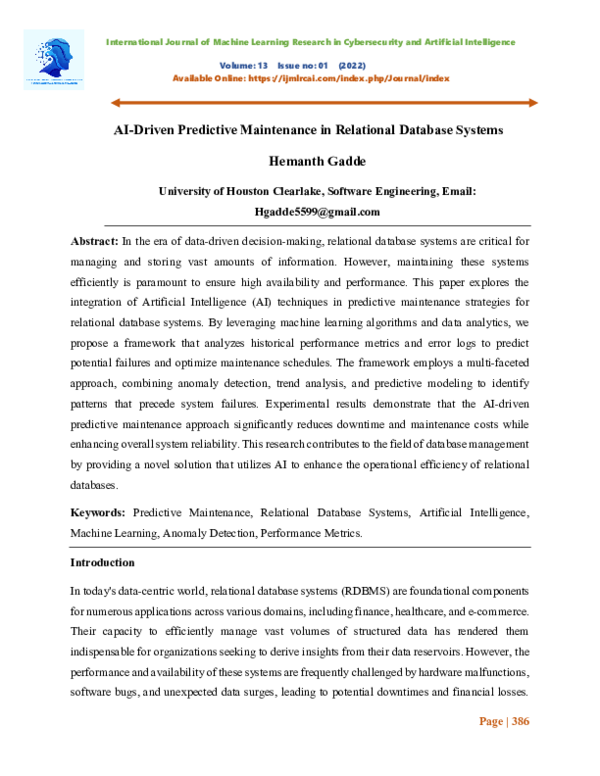 (PDF) AI-Driven Predictive Maintenance in Relational Database Systems