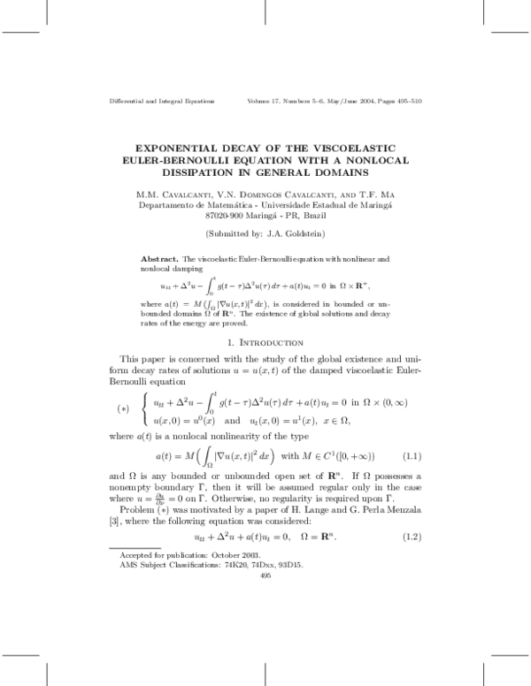 (PDF) Exponential decay of the viscoelastic Euler-Bernoulli equation ...