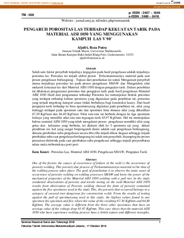 (PDF) Pengaruh Porositas Las Terhadap Kekuatan Tarik Pada Material Aisi ...