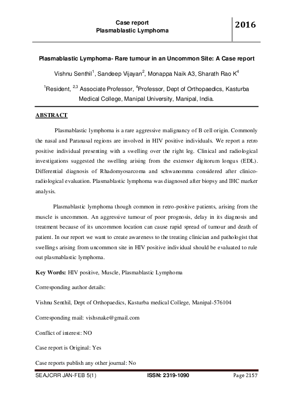 (PDF) Case report Plasmablastic Lymphoma Plasmablastic Lymphoma-Rare ...