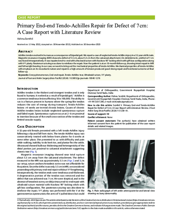 (PDF) Primary End-end Tendo-Achilles Repair for Defect of 7 cm: A Case ...