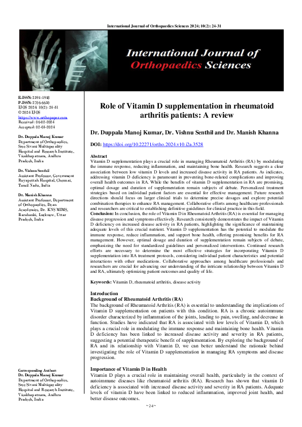 (PDF) Role of Vitamin D supplementation in rheumatoid arthritis patients: A review | vishnu ...