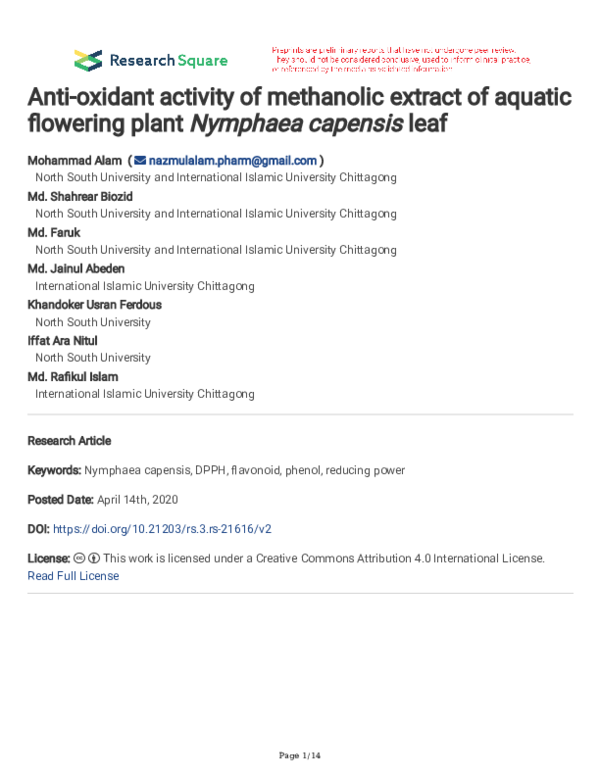 (PDF) Anti-oxidant activity of methanolic extract of aquatic flowering plant Nymphaea capensis leaf