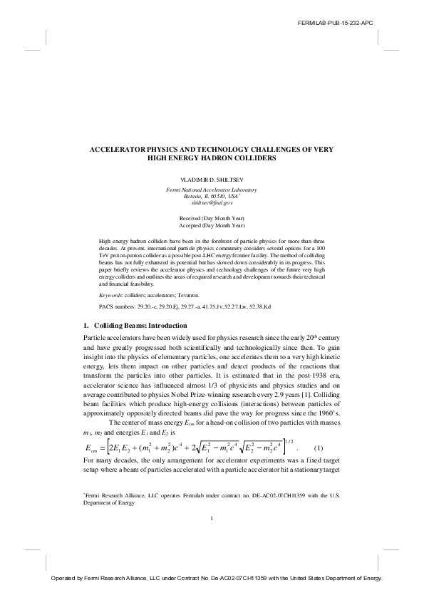 (PDF) Accelerator physics and technology challenges of very high energy hadron colliders ...