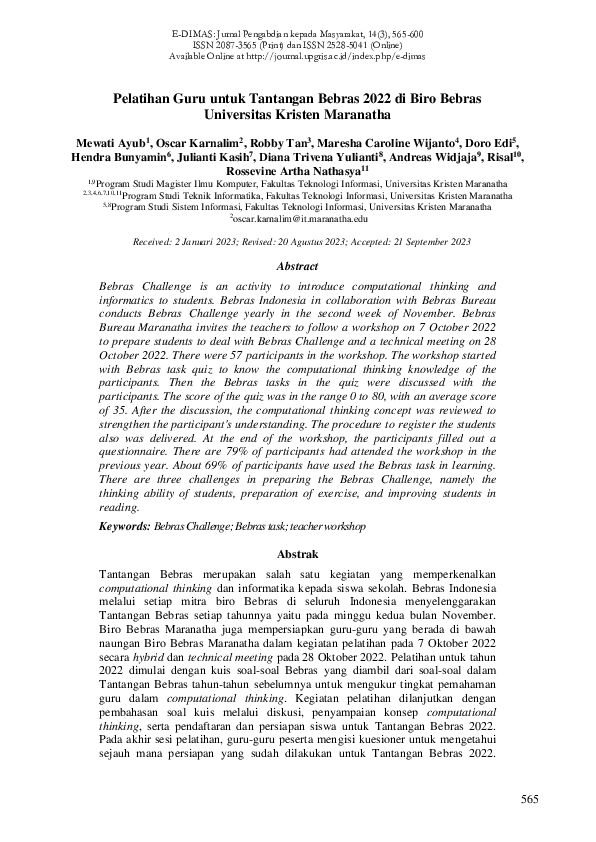 (PDF) Pelatihan Guru untuk Tantangan Bebras 2022 di Biro Bebras Universitas Kristen Maranatha