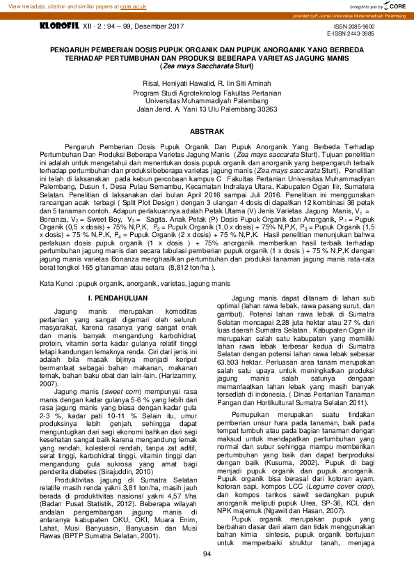 (PDF) PENGARUH PEMBERIAN DOSIS PUPUK ORGANIK DAN PUPUK ANORGANIK YANG BERBEDA TERHADAP ...