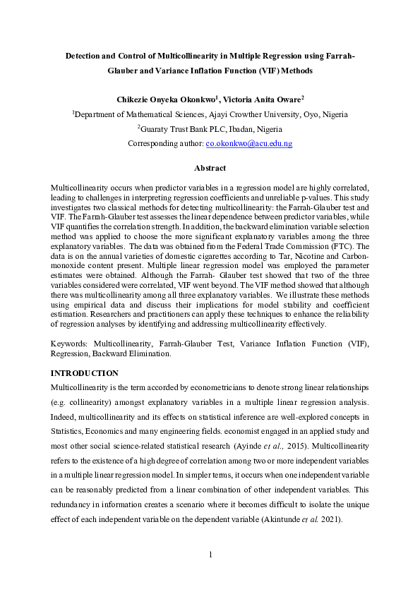 Pdf Detection And Control Of Multicollinearity In Multiple Regression
