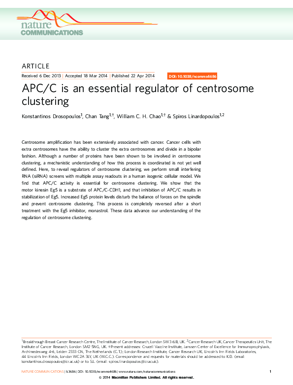 (PDF) APC/C is an essential regulator of centrosome clustering