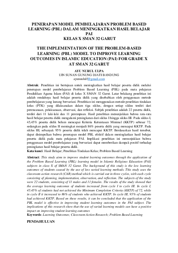 (PDF) PENERAPAN MODEL PEMBELAJARAN PROBLEM BASED LEARNING PADA MAPEL PAI