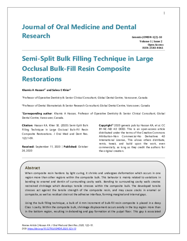 (PDF) Semi-Split Bulk Filling Technique In Large Occlusal Bulk-Fill Resin Composite Restorations