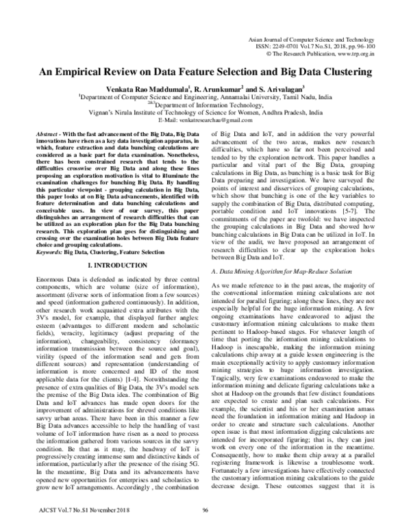 (PDF) An Empirical Review on Data Feature Selection and Big Data Clustering