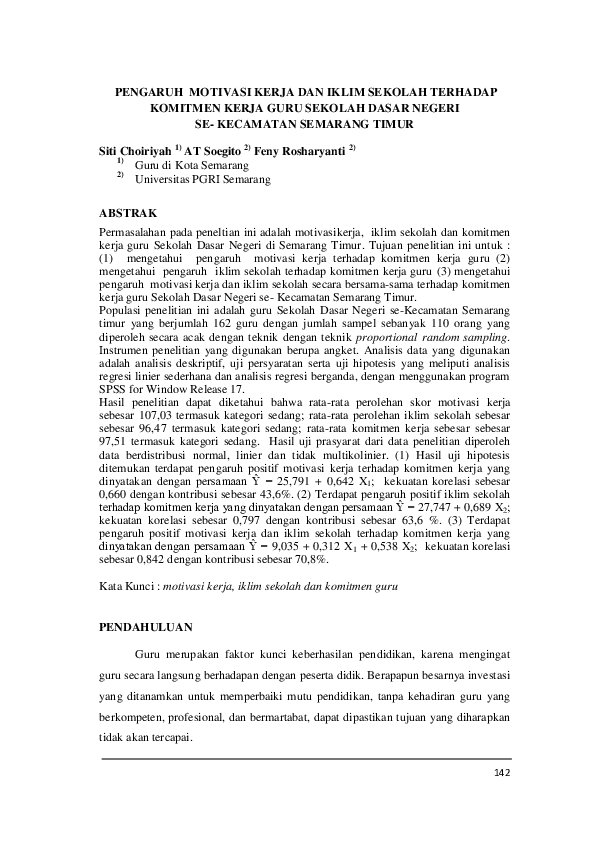 (PDF) Pengaruh Motivasi Kerja Dan Iklim Sekolah Terhadap Komitmen Kerja Guru Sekolah Dasar ...