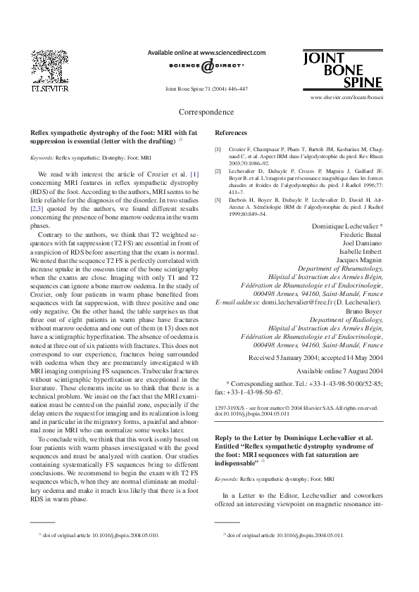 (PDF) Reflex sympathetic dystrophy of the foot: MRI with fat ...