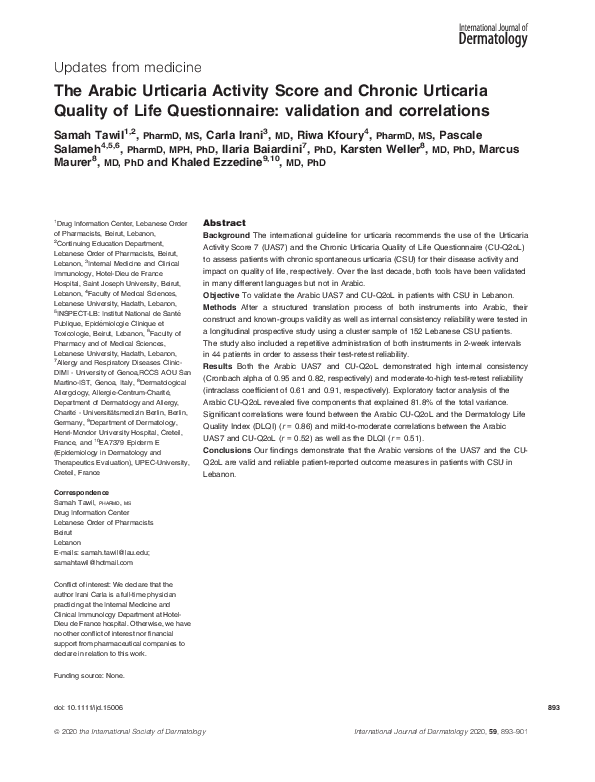 (PDF) The Arabic Urticaria Activity Score and Chronic Urticaria Quality ...