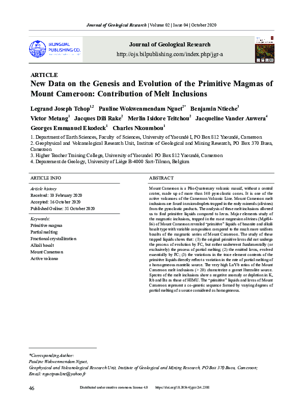 (PDF) New Data on the Genesis and Evolution of the Primitive Magmas of Mount Cameroon ...
