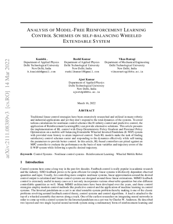 (PDF) Analysis of Model-Free Reinforcement Learning Control Schemes on self-balancing Wheeled ...