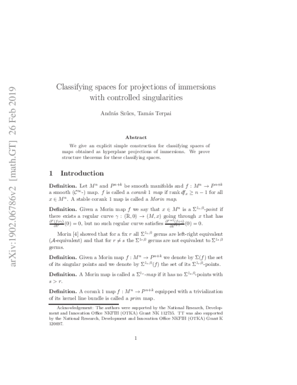 (PDF) Classifying spaces for projections of immersions with controlled singularities
