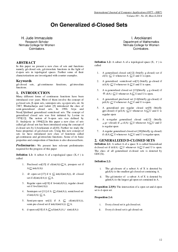 (PDF) On Generalized D-Closed Set