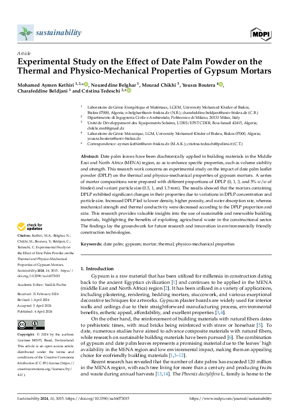 (PDF) Experimental Study on the Effect of Date Palm Powder on the Thermal and Physico-Mechanical ...