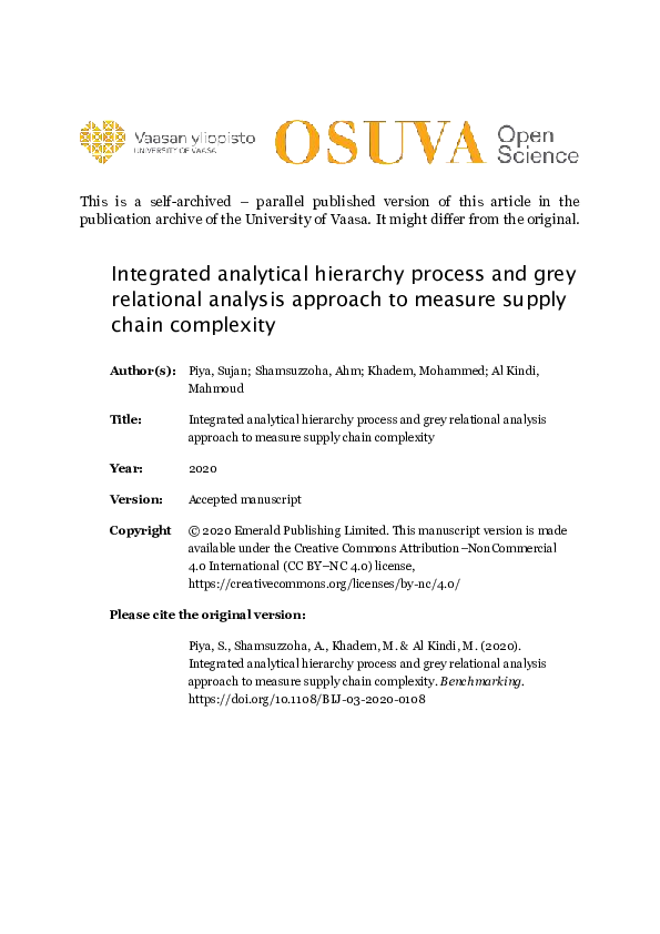(PDF) Integrated analytical hierarchy process and grey relational analysis approach to measure ...