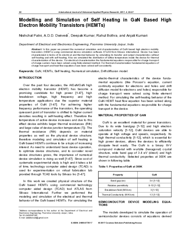 (PDF) Modelling and Simulation of Self Heating in GaN Based High Electron Mobility Transistors ...