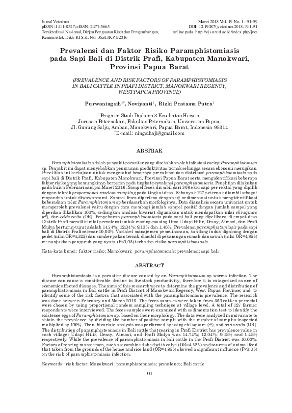(PDF) Prevalensi dan Faktor Risiko Paramphistomiasis pada Sapi Bali di ...