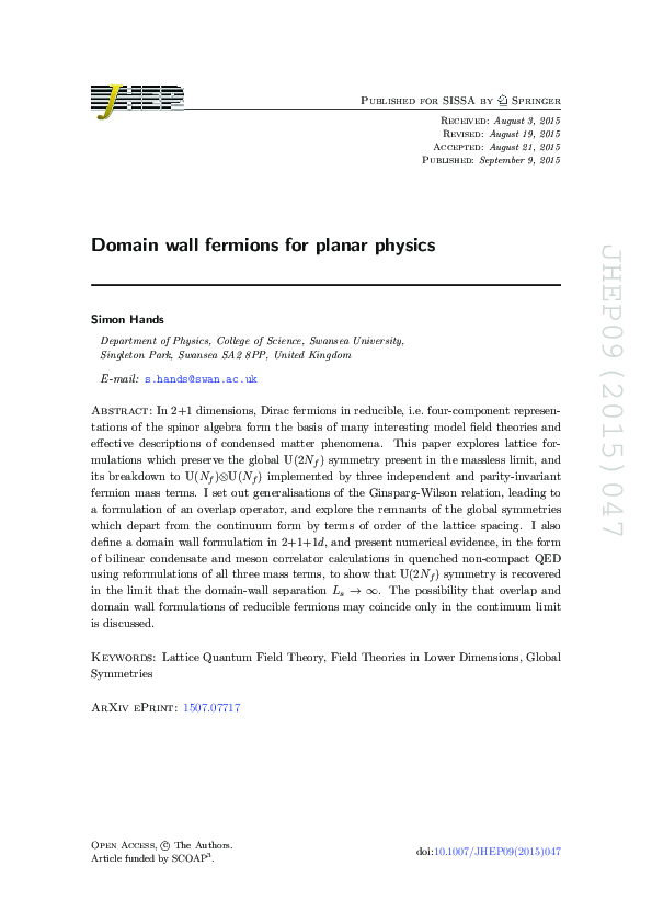 (PDF) Domain wall fermions for planar physics | Simon Hands - Academia.edu